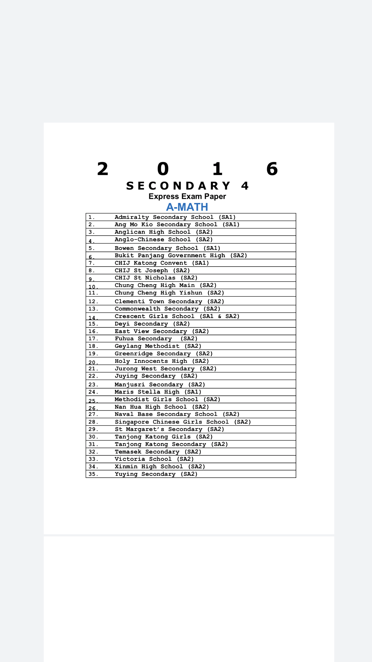 2016 Secondary 4 Express Additional Mathematics A Maths Past Year 2016 Secondary 4 Express Additional Mathematics A Maths Past Year