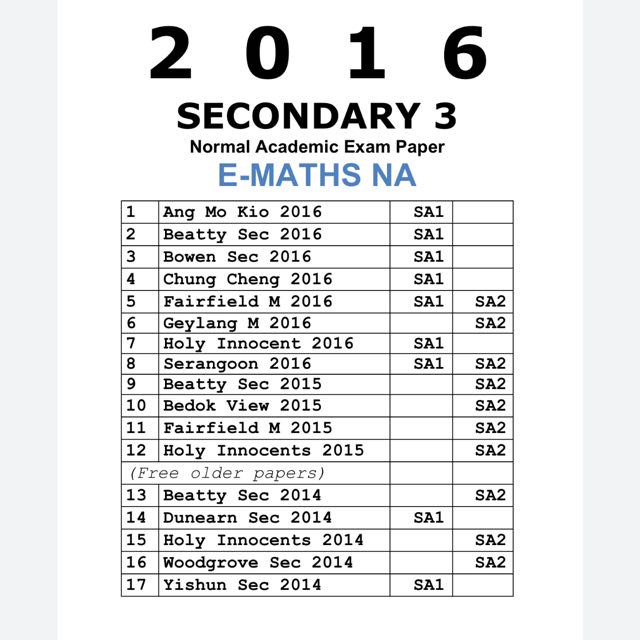 2016 Secondary 3 Normal Academic NA E Maths Past Year Exam Papers 2016 Secondary 3 Normal Academic NA E Maths Past Year Exam Papers