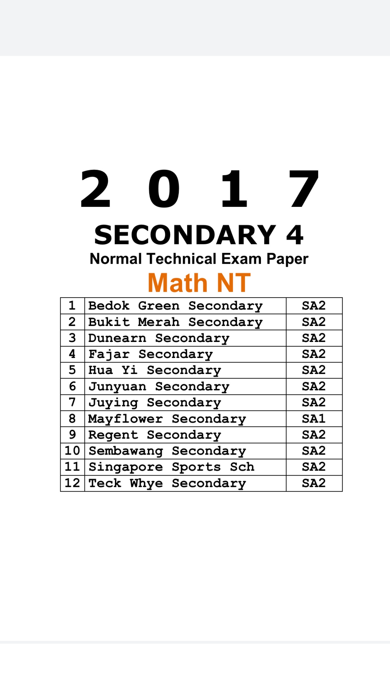 2017 Secondary 4 Normal Technical NT Maths Exam Papers Set A soft 2017 Secondary 4 Normal Technical NT Maths Exam Papers Set A soft